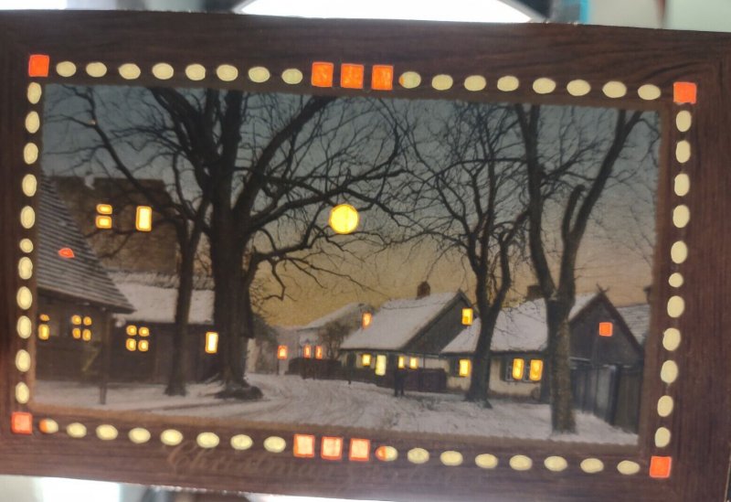Hold To Light Postcard Christmas Village Homes Trees Moon Germany ...