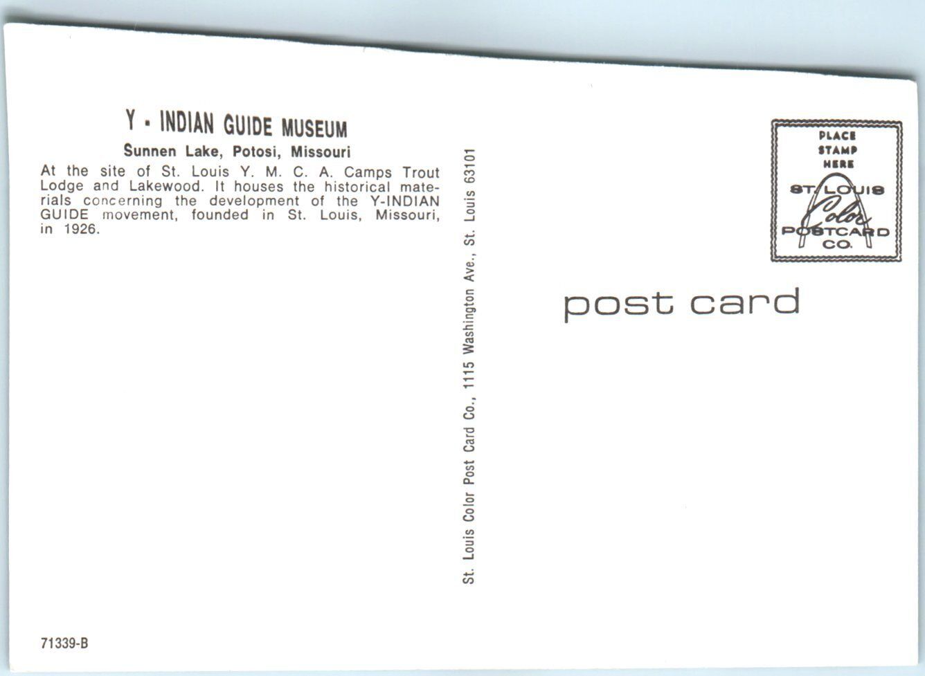 Postcard - Y, Indian Guide Museum, Sunnen Lake - Potosi, Missouri ...