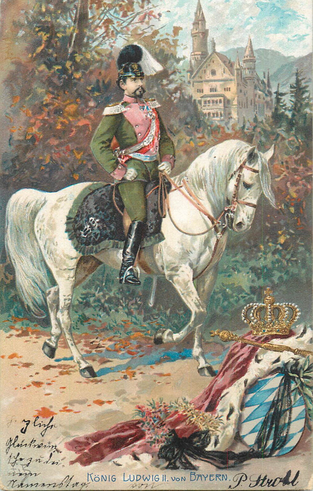 Ludwig II of Bavaria king in uniform portrait on white horse crown ...