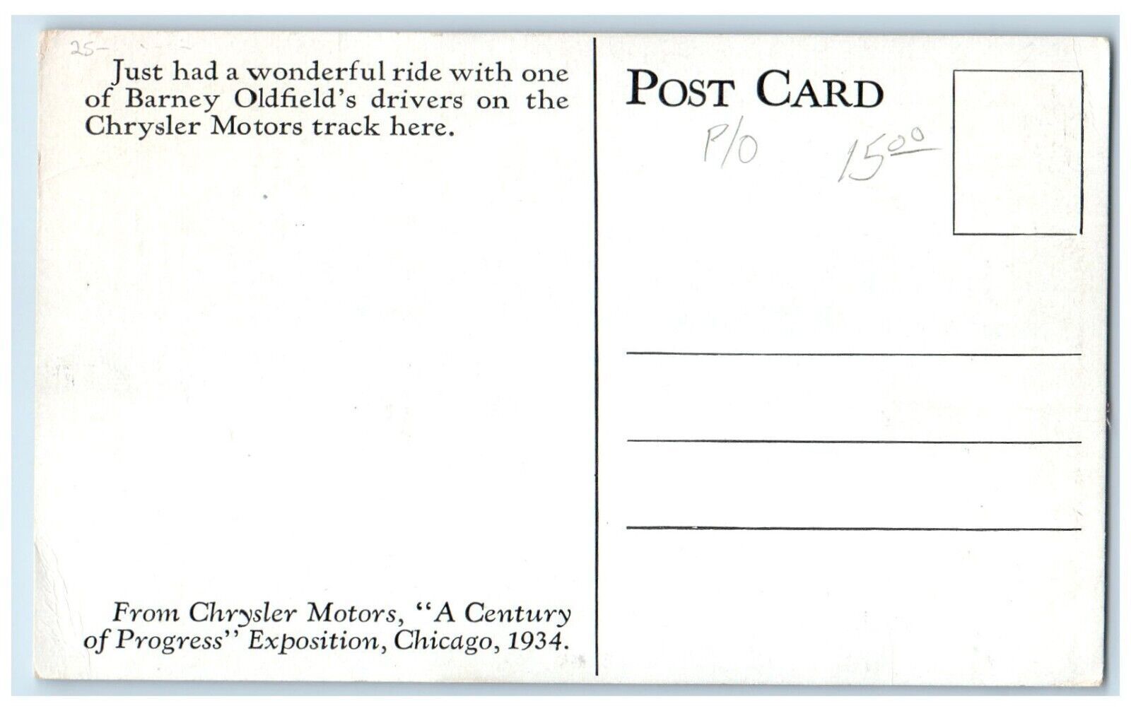 1934 Chrysler Expo Chicago IL, Barney Old Field Race Car Driver Vintage ...