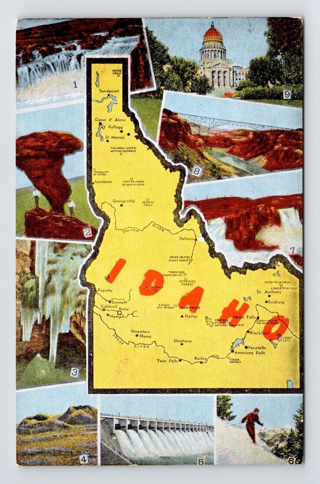 Idaho ID State Map Multiview Shoshone Falls Ice Cave Postcard UNP EC ...