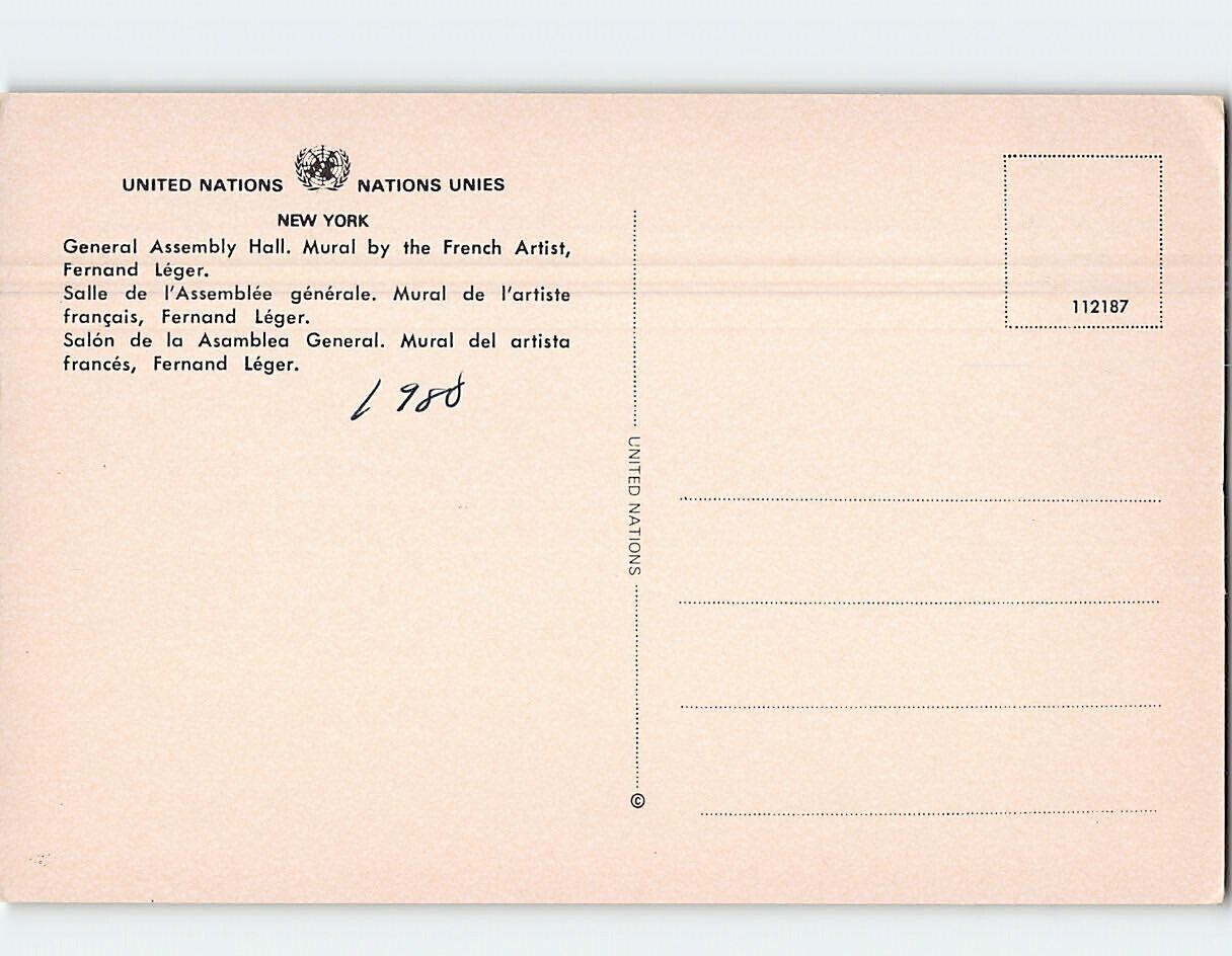 Postcard General Assembly Hall, Mural, United Nations, New York City ...