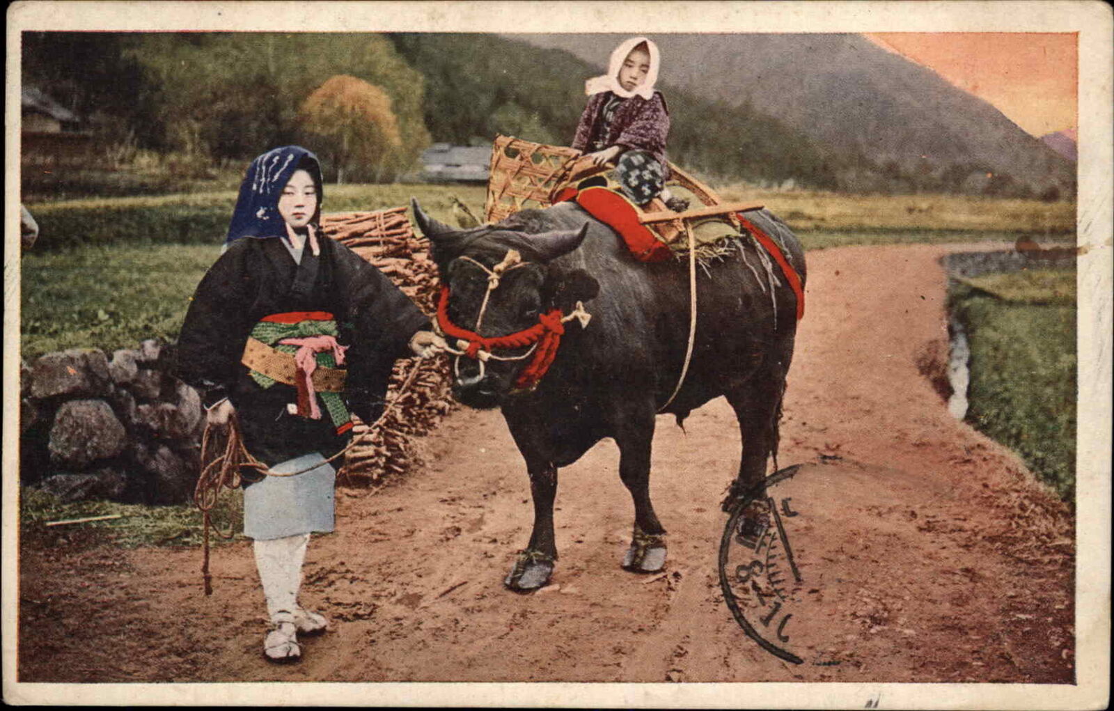Japan Japanese Girls Sisters Riding Ox Oxen Country Scene c1910 PC ...