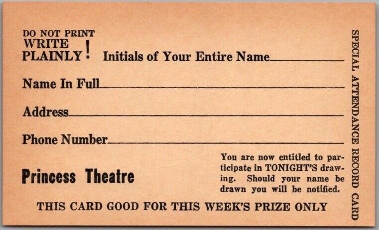Vintage Movie Theatre Raffle / Contest Form Card "Princess Theatre ...