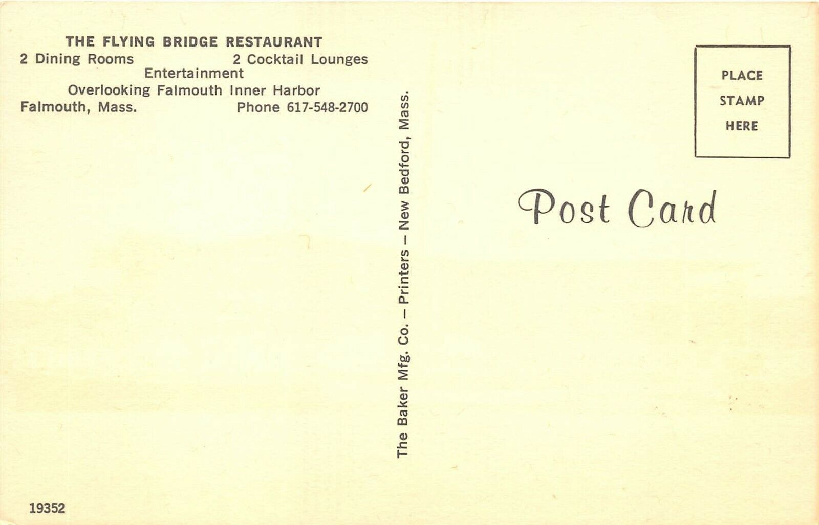 Falmouth Massachusetts 1960s Postcard Flying Bridge Restaurant Inner ...