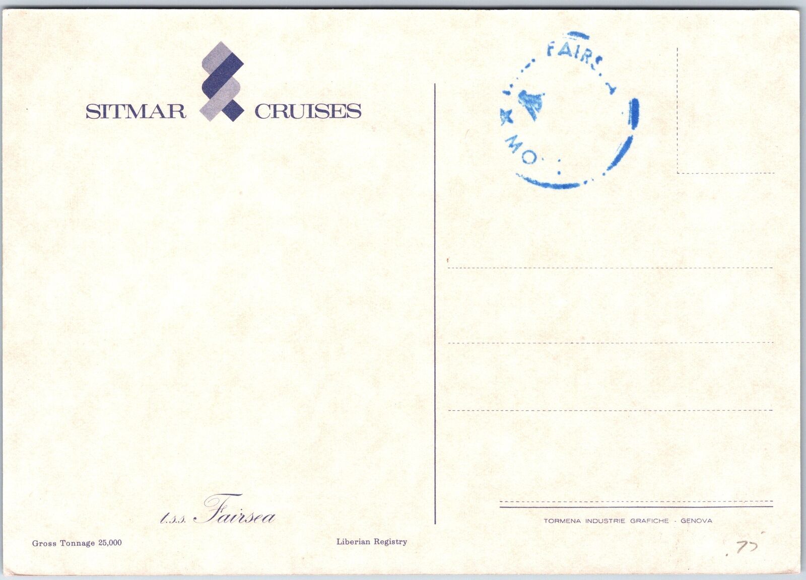 Vintage Continental Size Postcard TSS Fairsea Vessel Part of Sitmar ...
