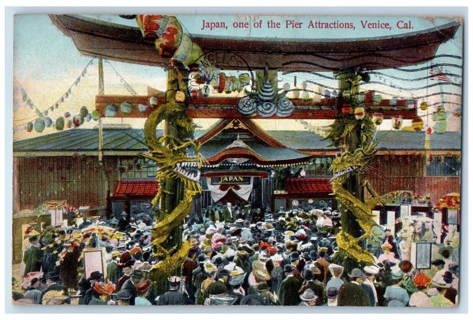 1907 Crowd Japan Pier Attractions Venice Los Angeles California Antique ...