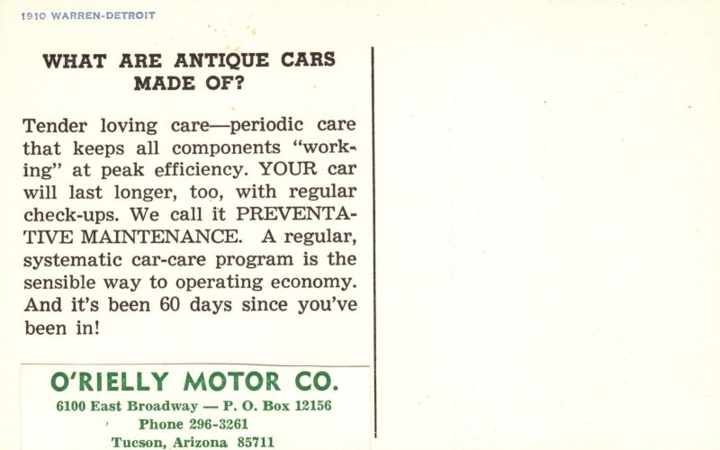 Vintage Postcard 1910 Warren-Detroit Car Automobile O'rielly Motor Co ...