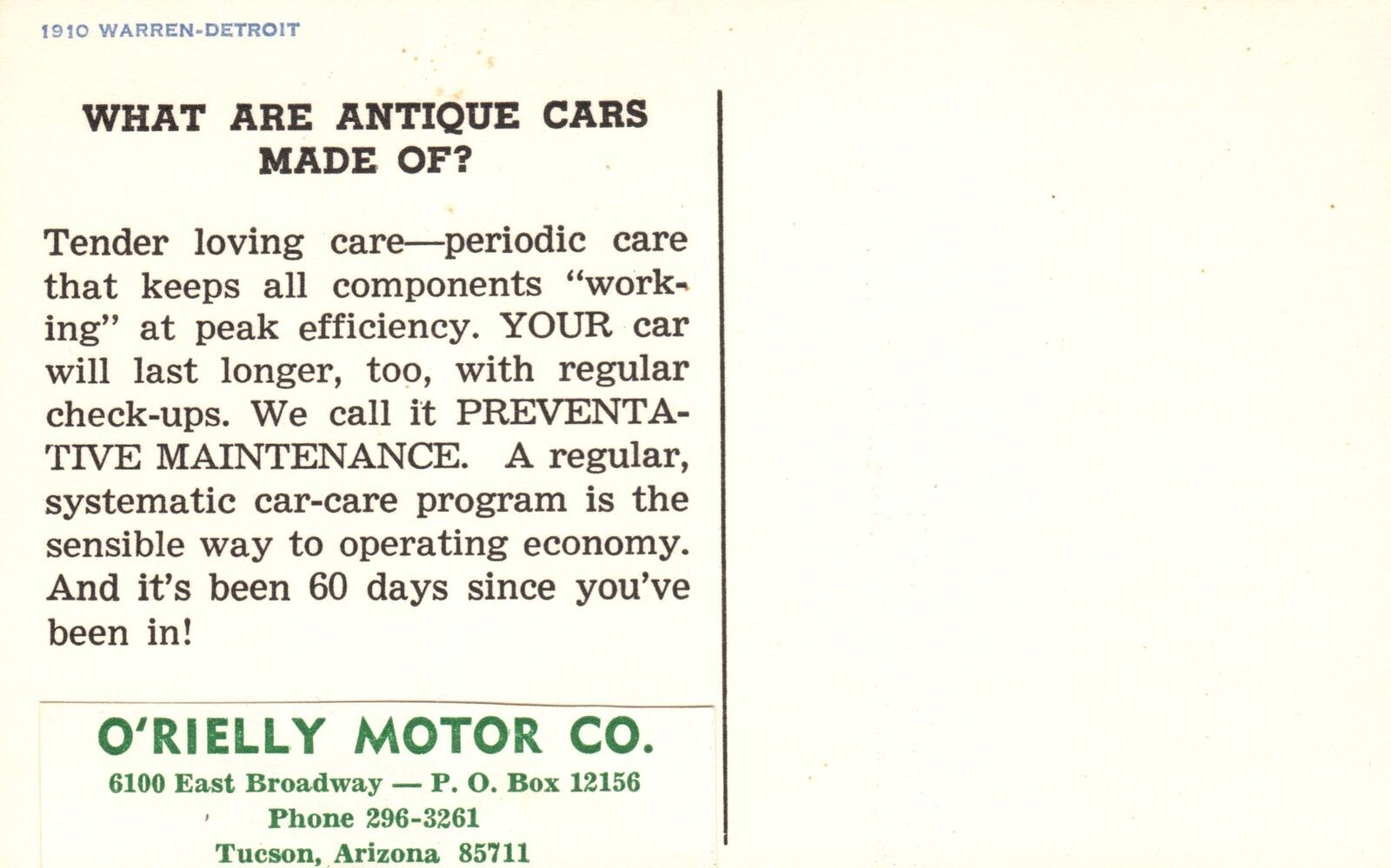 Vintage Postcard 1910 Warren-Detroit Car Automobile O'rielly Motor Co ...