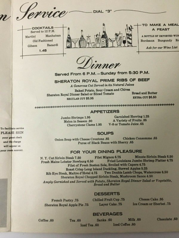 1960s Sheraton Motor Inn NYC Room Service Menu Crown Restaurant ...