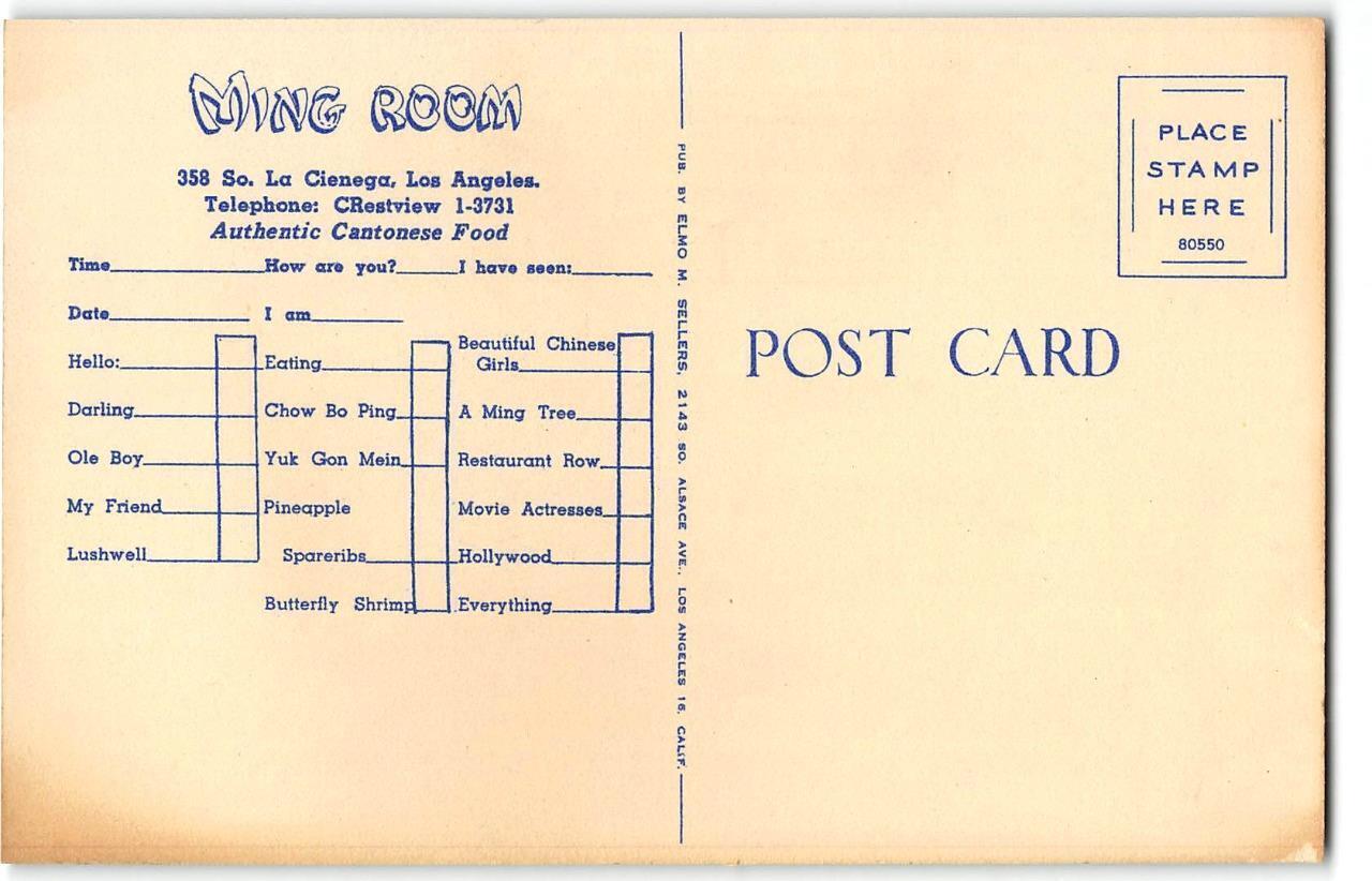 MING ROOM Chinese Restaurant LOS ANGELES, CA Linen 1940s Rare Vintage ...