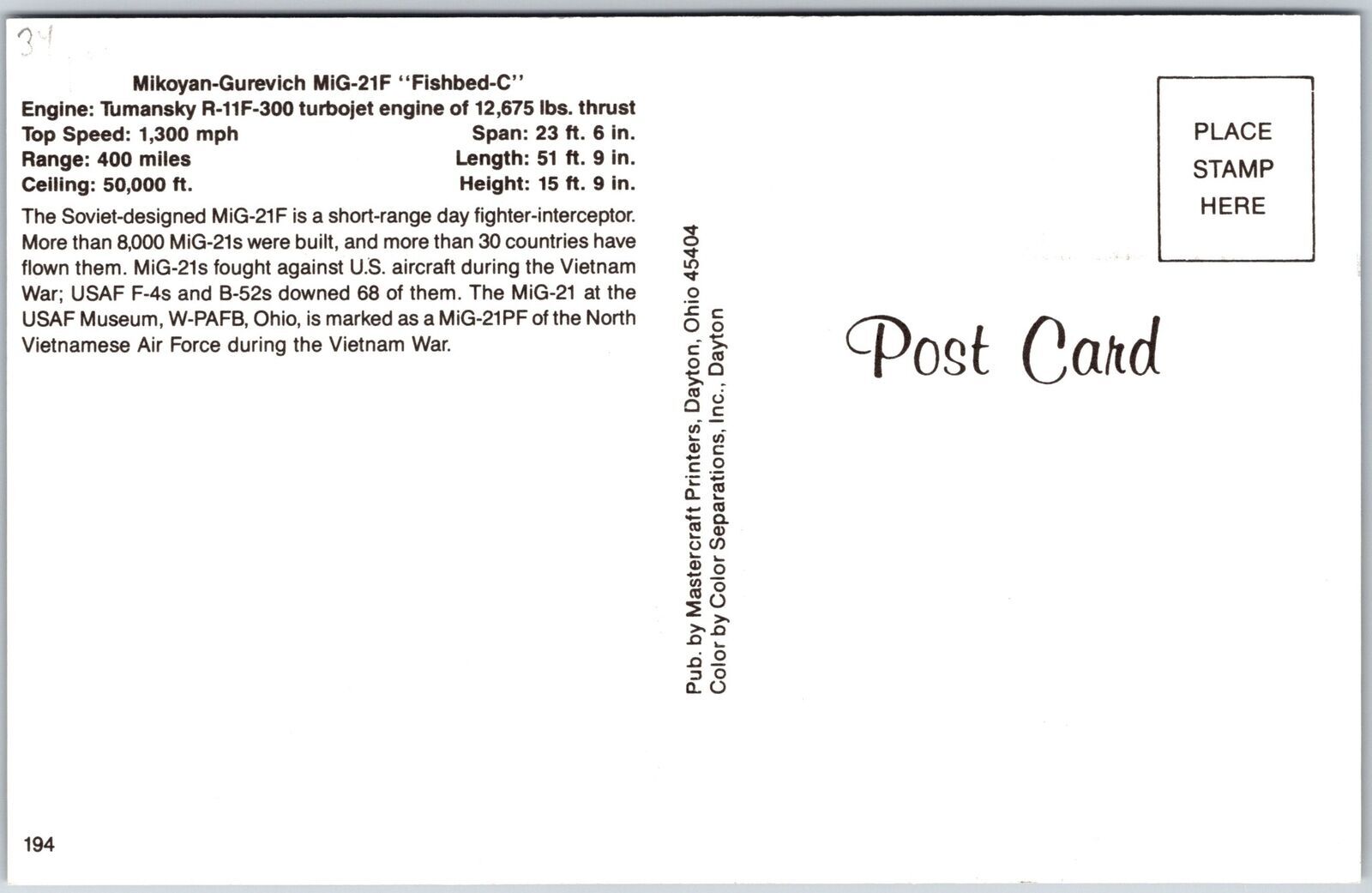 Mikoyan-Gurevich MiG-21F "Fishbed-C Tumansky R-11F-300 Aircraft ...