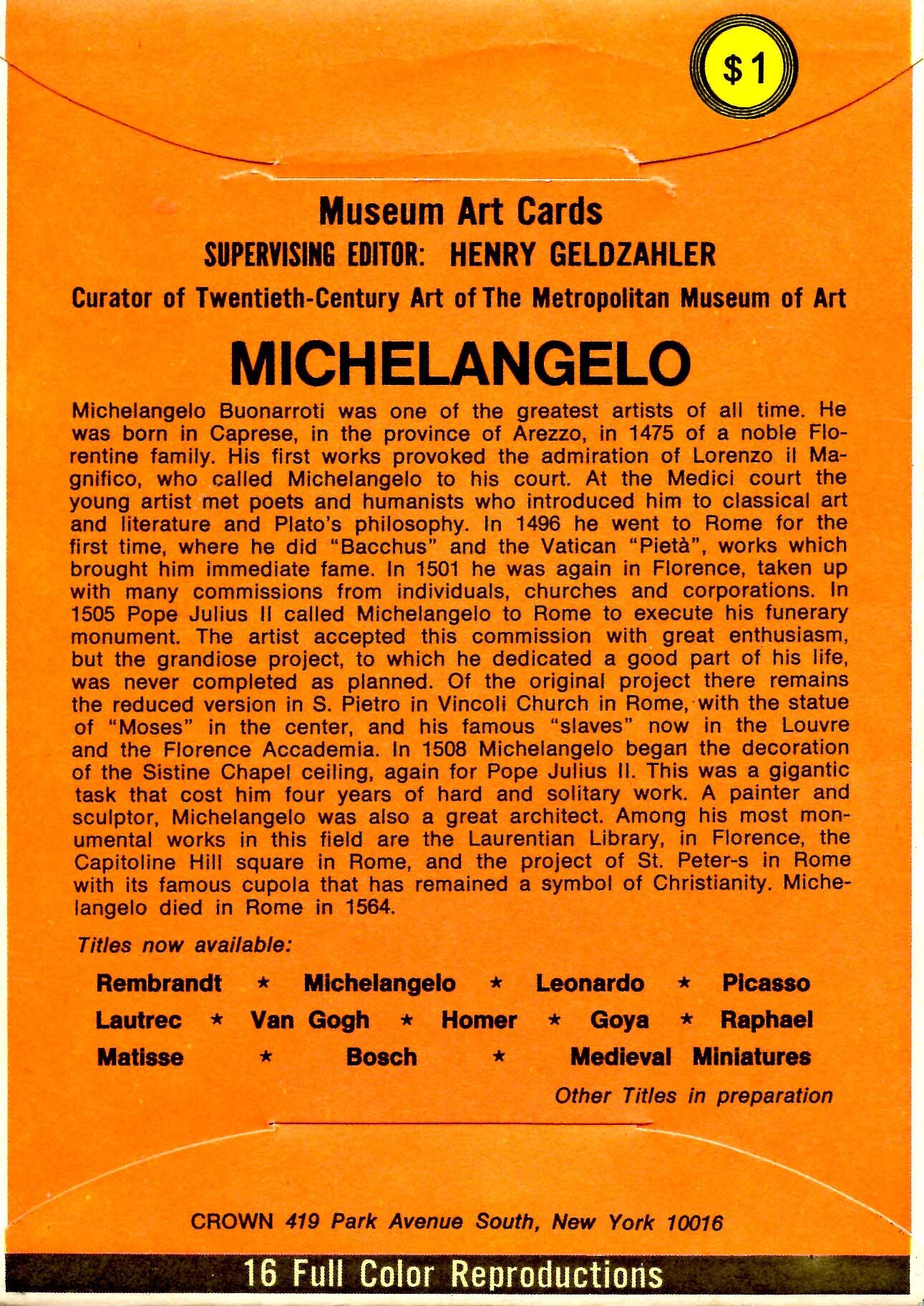 Michelangelo Museum Art Cards - Complete Set of 16, © 1973 (NOT PC's ...