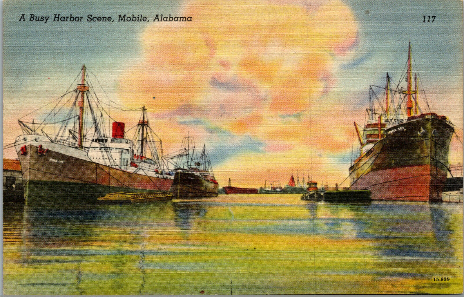Vtg 1940s Busy Harbor Scene Ships Boats Mobile Alabama AL Linen ...
