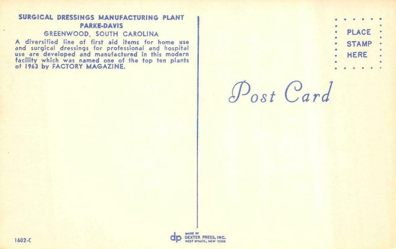 GREENWOOD, South Carolina SC ~ PARKE-DAVIS Surgical Dressing Plant ...