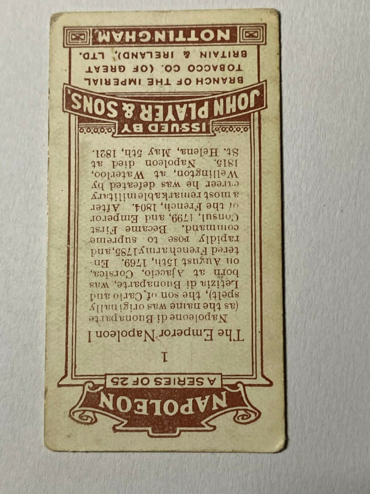 Cigarette Card - Player's Napoleon #01 the Emperor Napoleon I (Uu33 ...