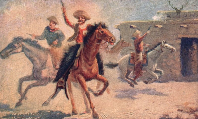 Vintage Postcard Real Painting Cowboys Riding Their Horse Gun Firing ...