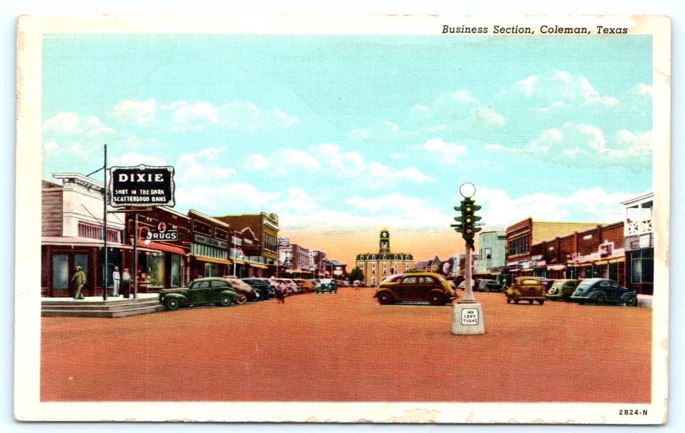 COLEMAN, Texas TX ~ Street Scene BUSINESS SECTION c1940s Linen Postcard ...