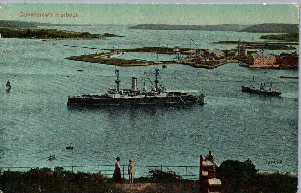 Royal Navy Battleship HMS in Queenstown Harbour Ireland Postcard Fancy ...
