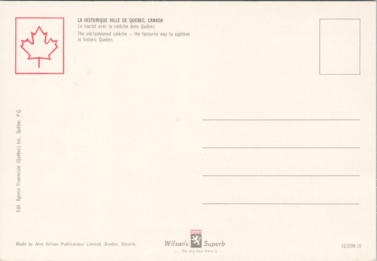 Le Vieux Quebec avec la Caleche QC Sightseeing Tourism Unused Postcard ...