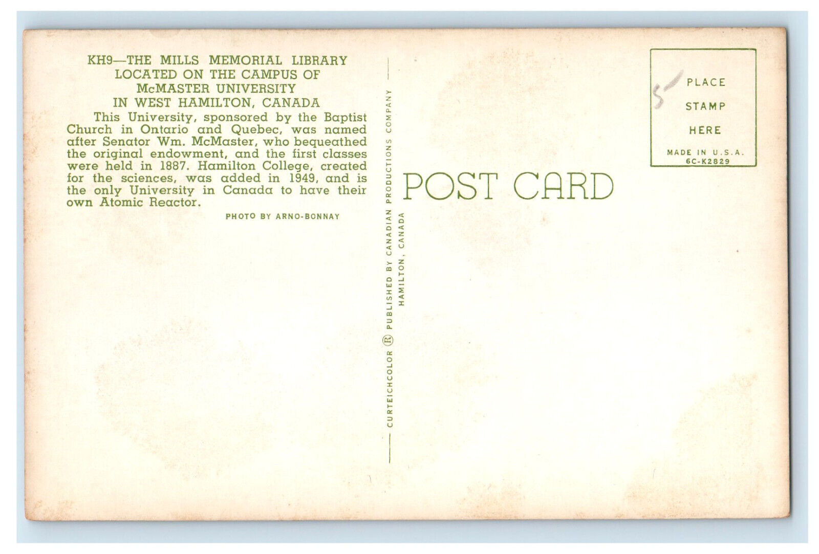 c1960's The Mills Memorial Library West Hamilton Canada Vintage ...