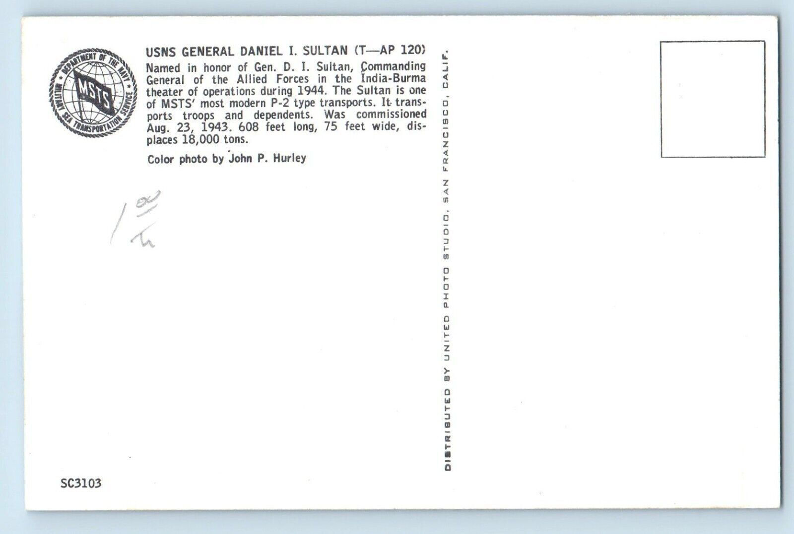 USNS General Daniel I. Sultan T AP 120 Postcard US Navy Military Ship ...