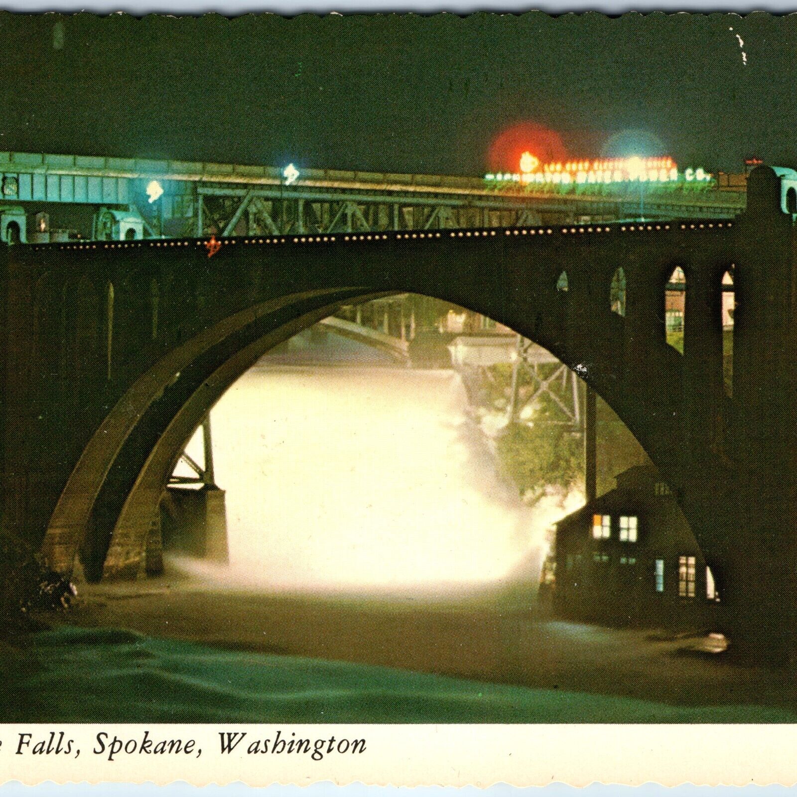 1970s Spokane WA Falls Monroe St Bridge Night Electric Union Pacific ...
