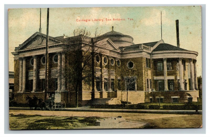 Vintage 1910's Postcard Horse Carriage by Carnegie Library San Antonio ...