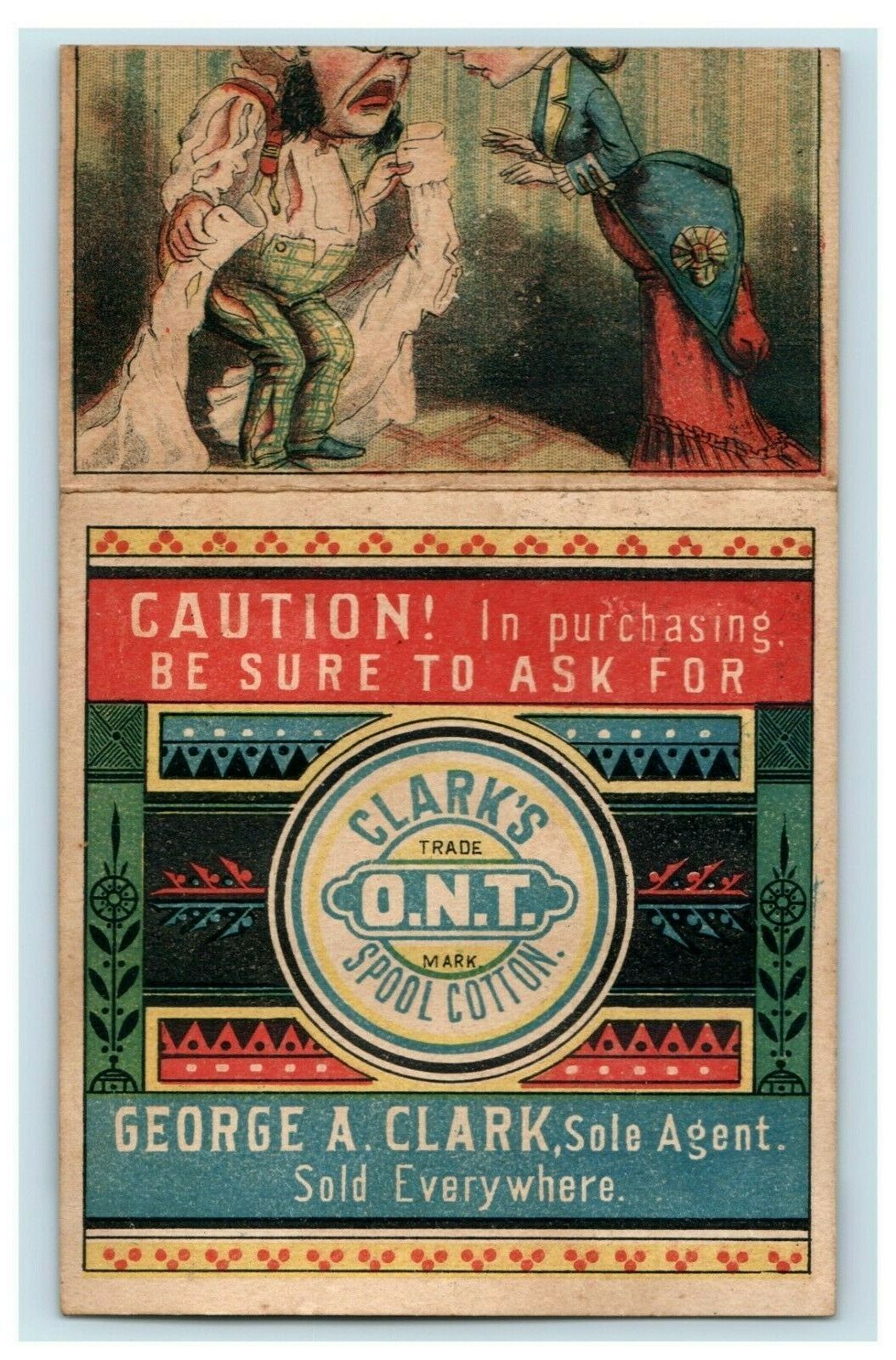 1880s Metamorphic Card Clark's ONT Spool Cotton Happy Man Giant Spool ...