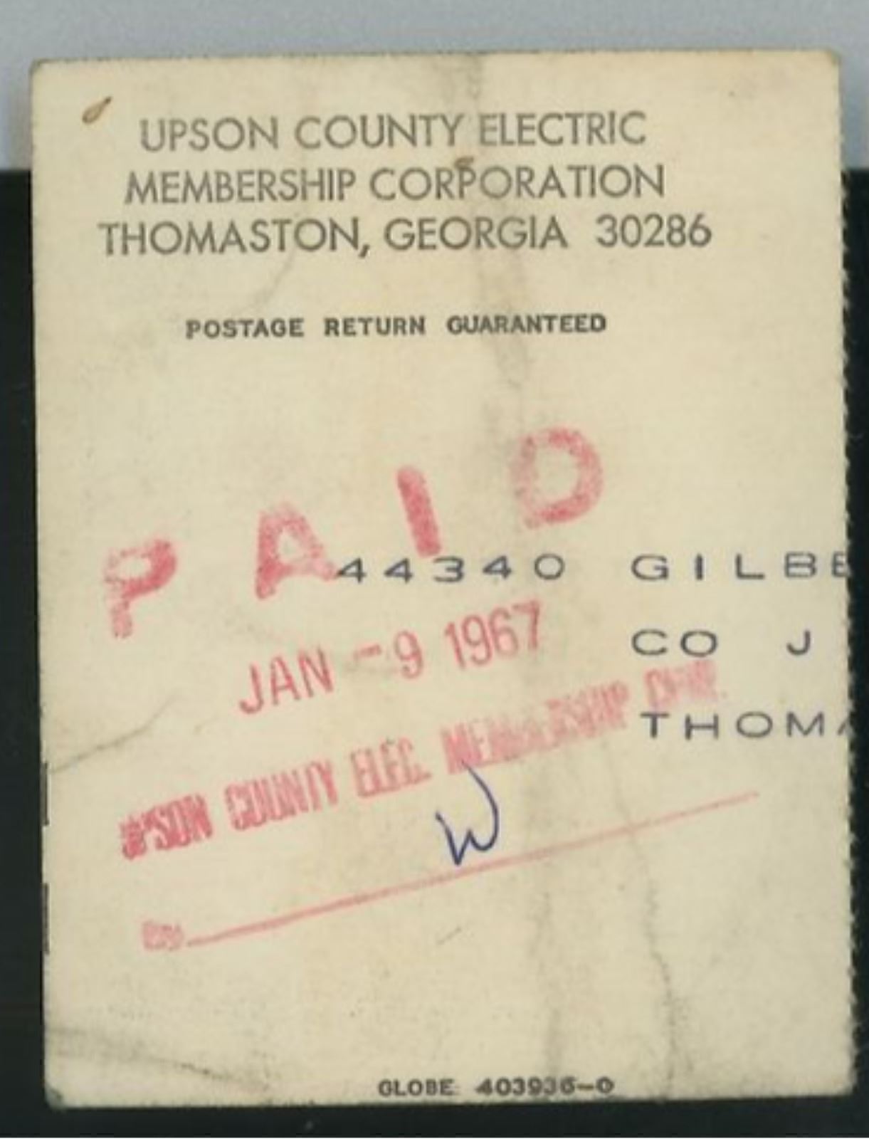 1967 Upson County Electric Membership Corp Thomaston GA Utility Bill ...