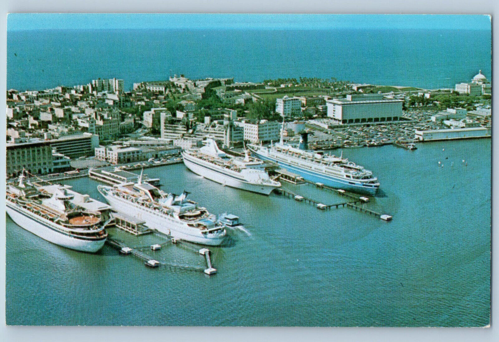 Old San Juan Puerto Rico Postcard Busy Day at Cruise Ship Piers 1976 ...
