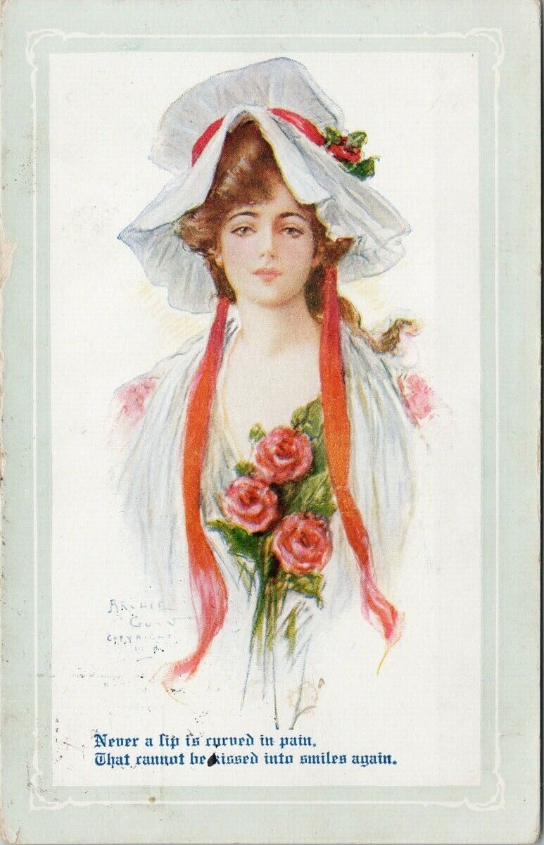 Portrait of Young Woman Flowers Roses Archie Gunn Artist Postcard G64 ...