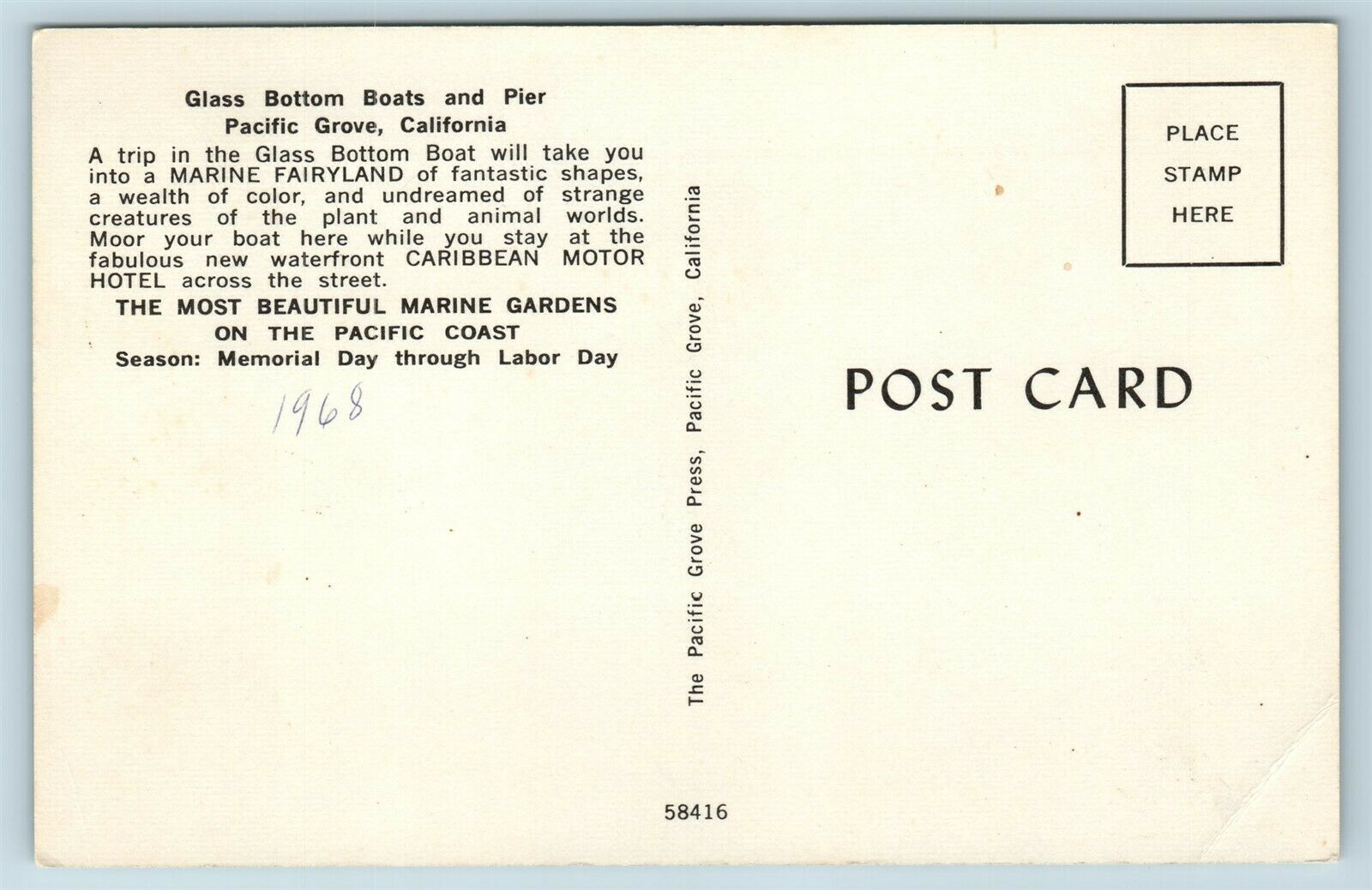 Postcard CA Pacific Grove California Glass Bottom Boats & Pier E15 ...