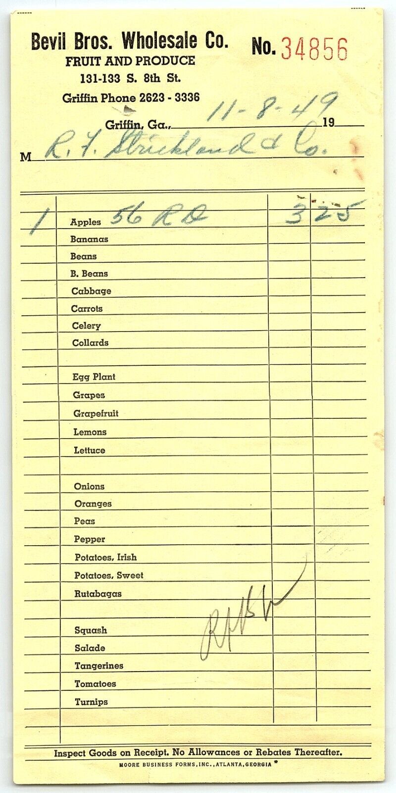 1949 Griffin GA Bevil Bros Wholesale Fruit and Produce Strickland ...