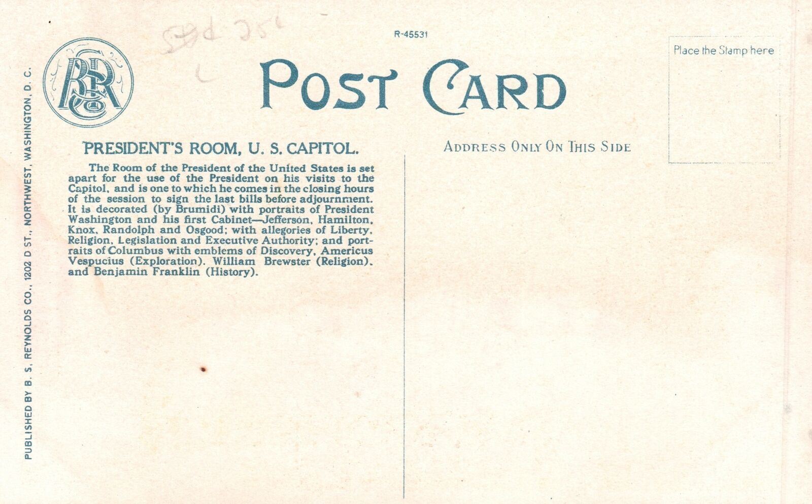 Vintage Postcard 1920's View President's Room United State Capitol ...