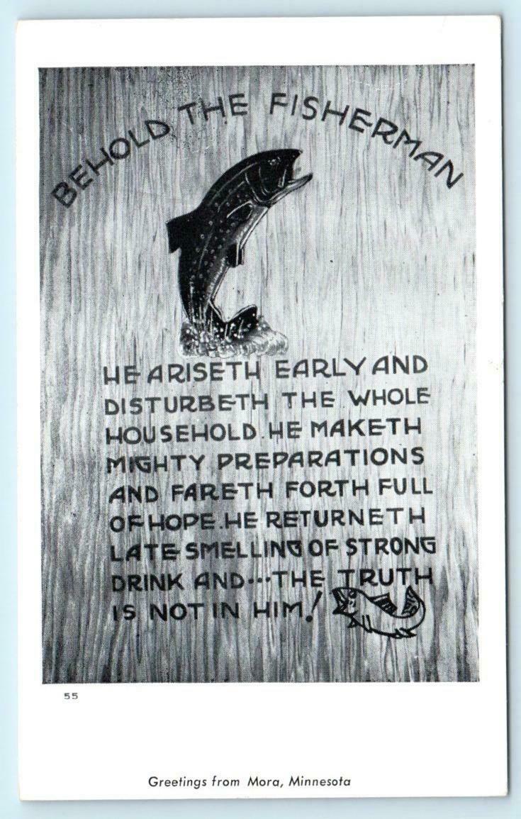 Greetings from MORA, MINNESOTA "Behold the Fisherman" Poem ca 1950s ...