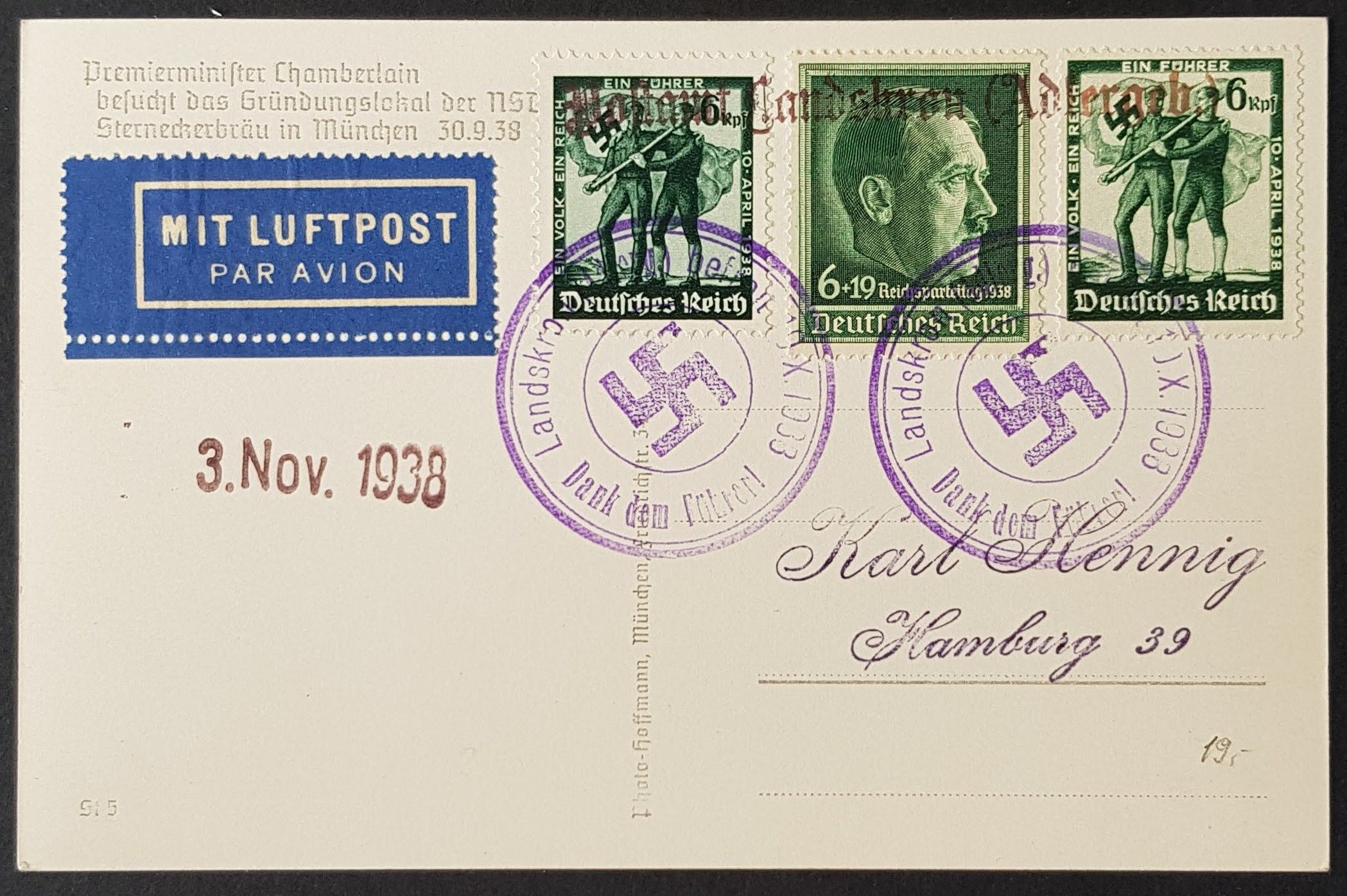 Germany Third 3rd Reich Original Card Chamberlain at the Nsdap Offices ...