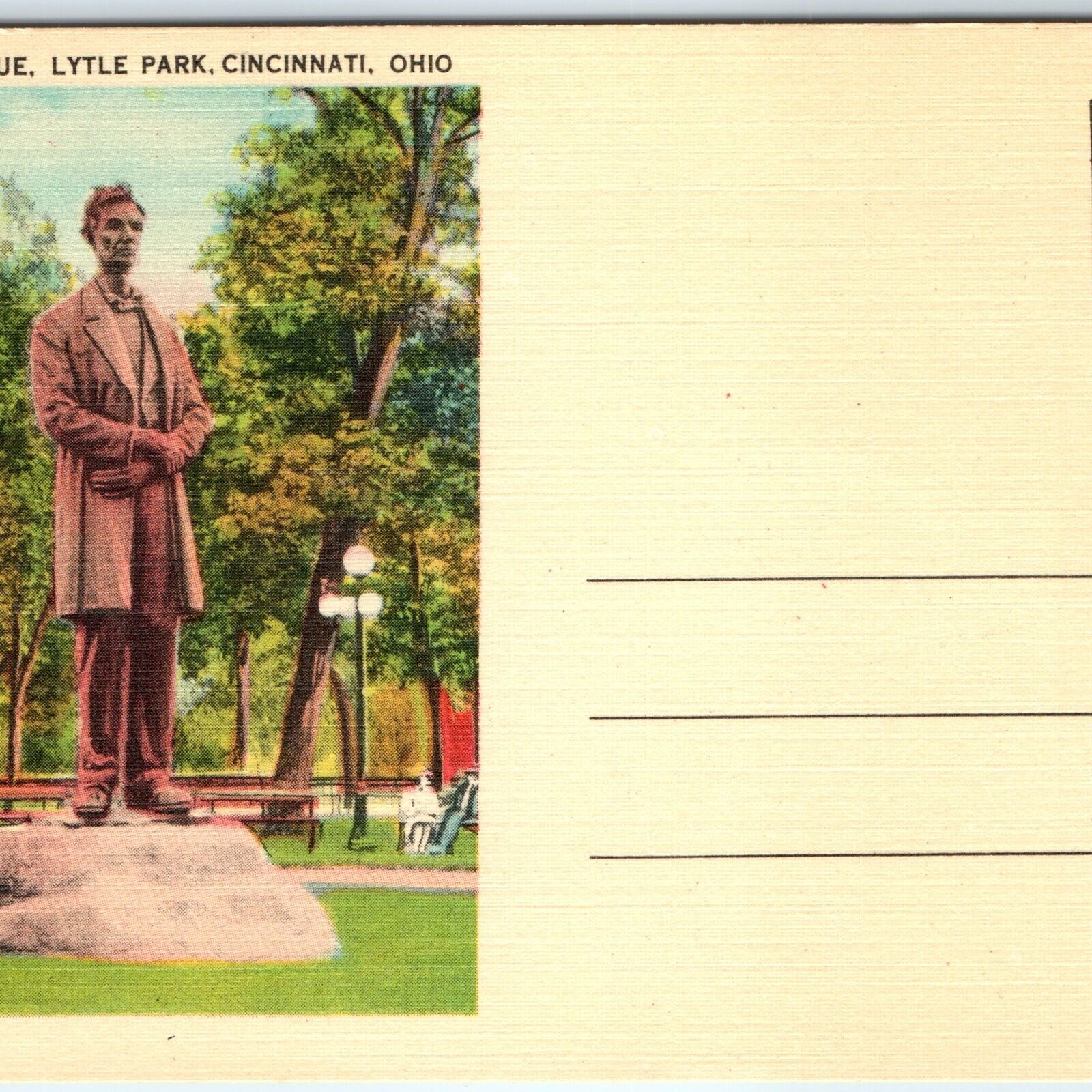 c1940s Cincinnati OH Lincoln Statue in Lytle Park Rare Linen PC Kraemer ...