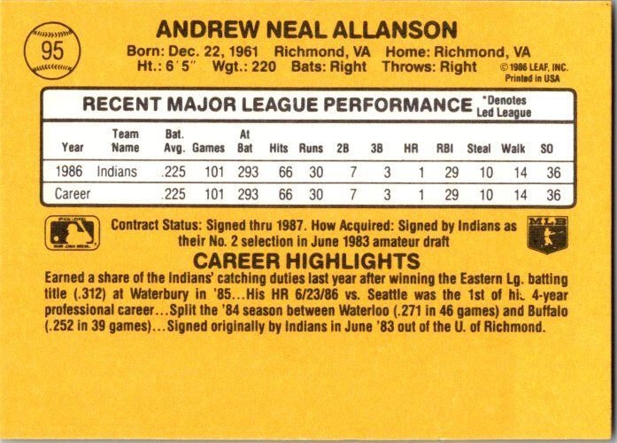 1987 Donruss Baseball Card Andy Allanson Cleveland Indians sk20499 ...