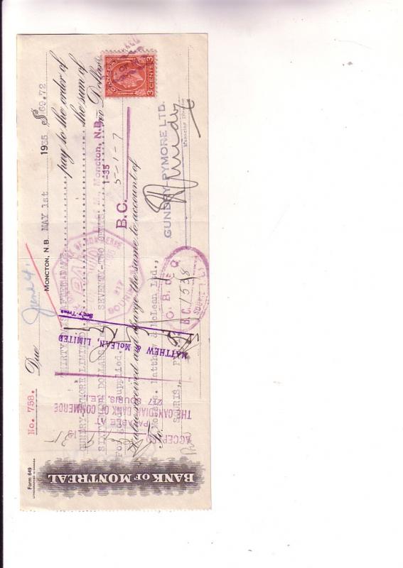 Cancelled Cheque with Canadian Postage Stamp, Bank of Montreal, Gundry ...