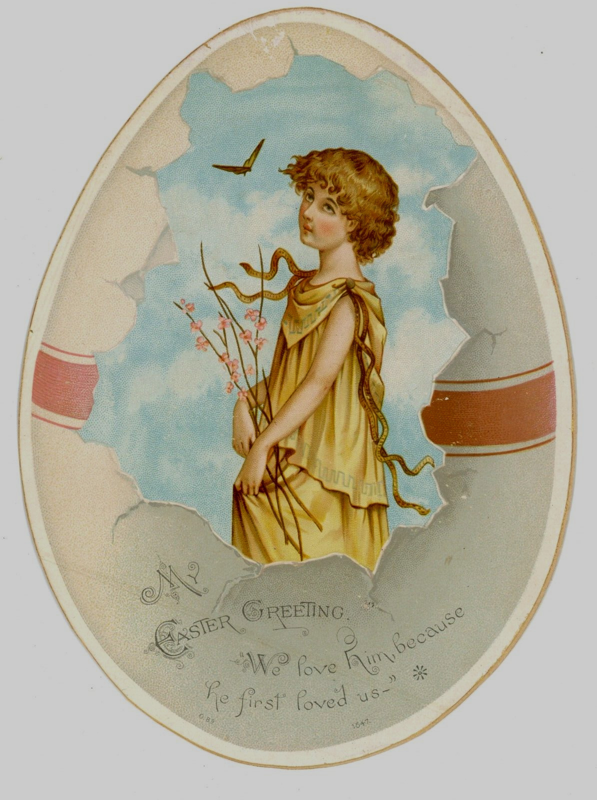 1880s Die-Cut Egg Easter Card Lovely Greek-Roman Child Gold Toga Poem ...