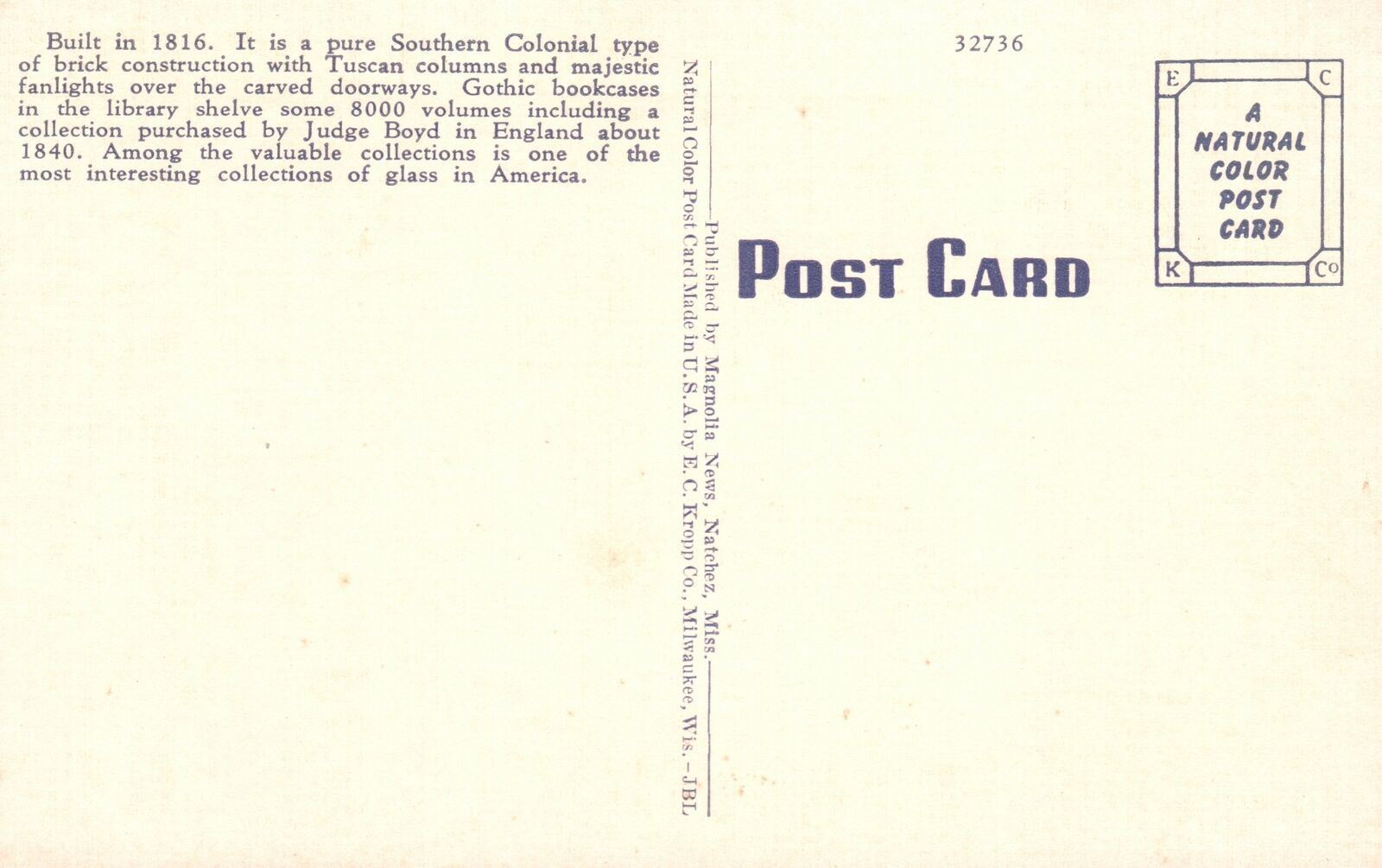 Vintage Postcard Arlington Southern Colonial Type Brick Natchez ...