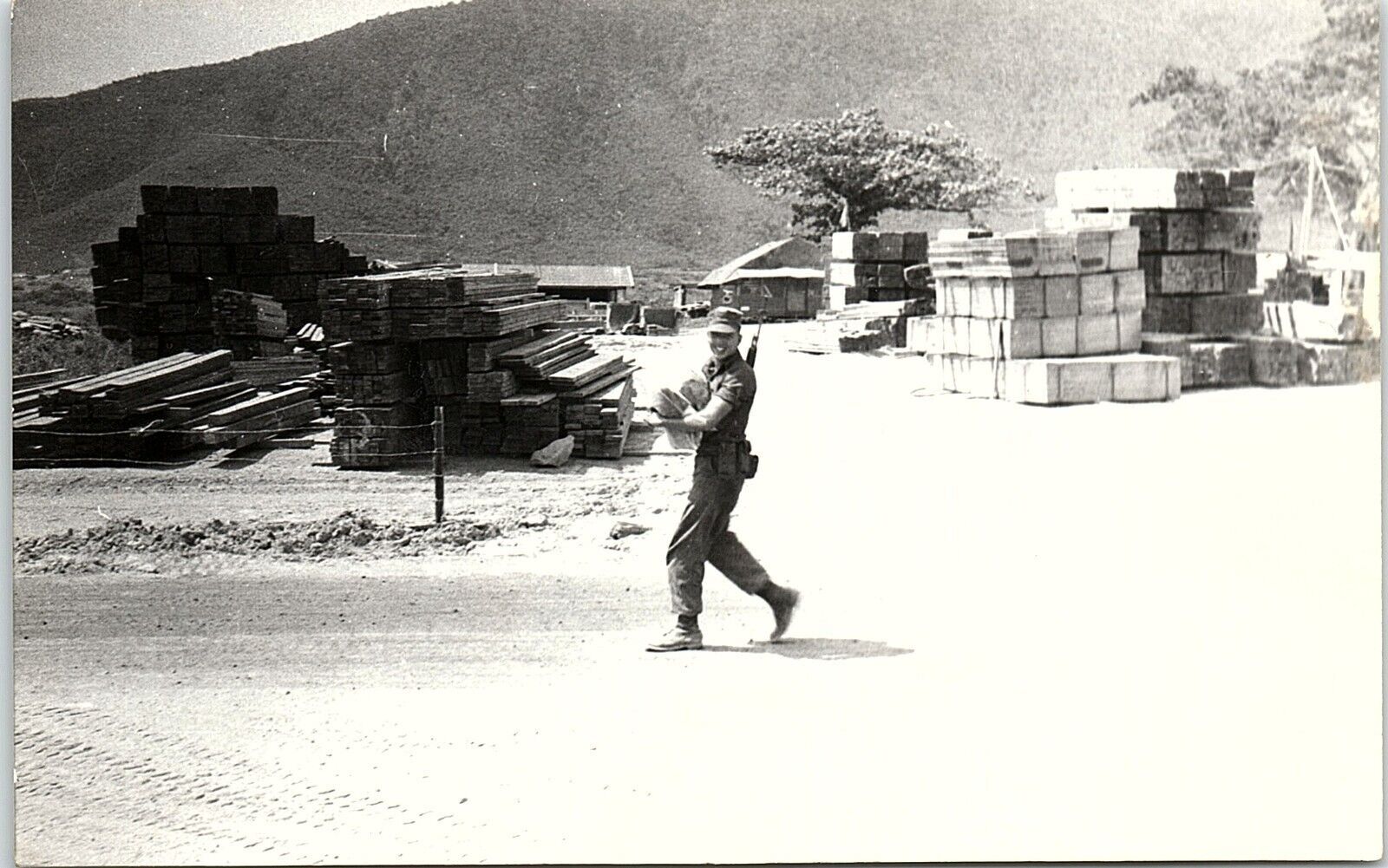 1960s Vietnam WAR Army Camp Lumber Stacks Soldier Photo Rppc Postcard ...