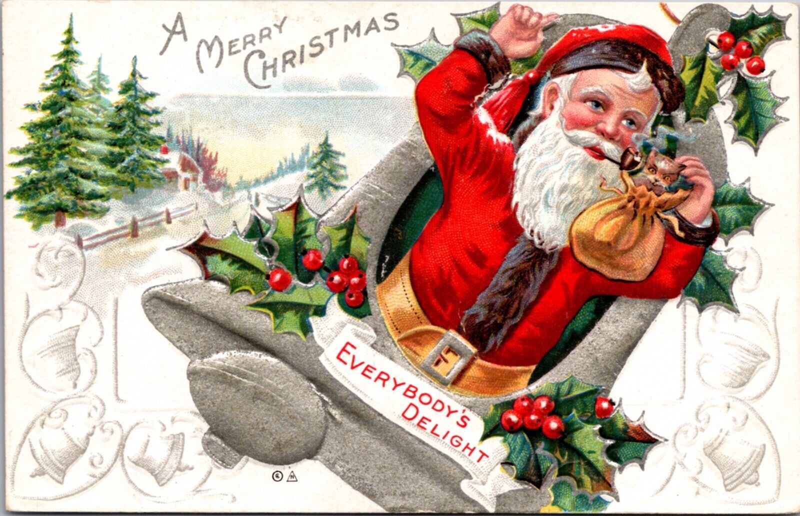 Christmas PC Santa Claus Holding Bag With Kitten Inside Smoking Pipe ...