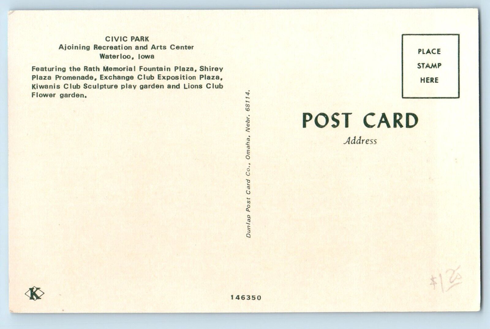 Waterloo Iowa IA Postcard Civic Park Rath Memorial Fountain Plaza 1960 ...