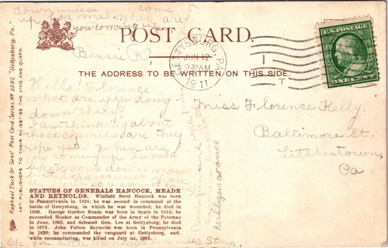 Tuck Postcard PA Gettysburg Statues Generals Hancock Meade & Reynolds ...