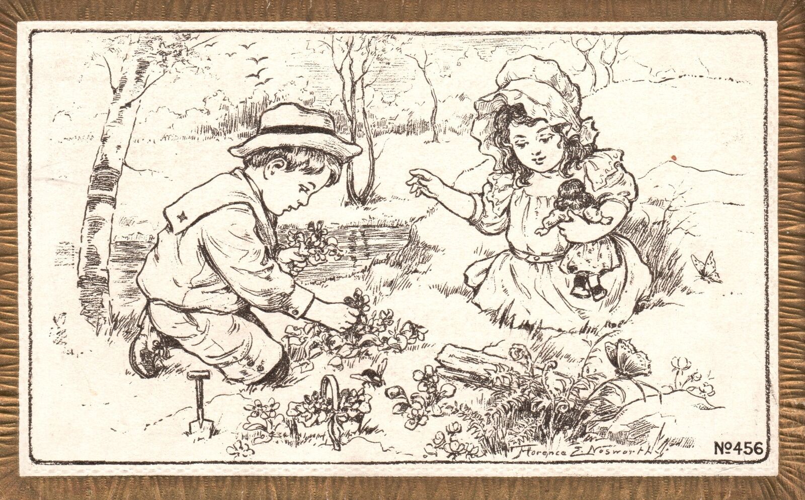 Vintage Postcard Drawing Artwork Planting In The Flower Garden Kids ...