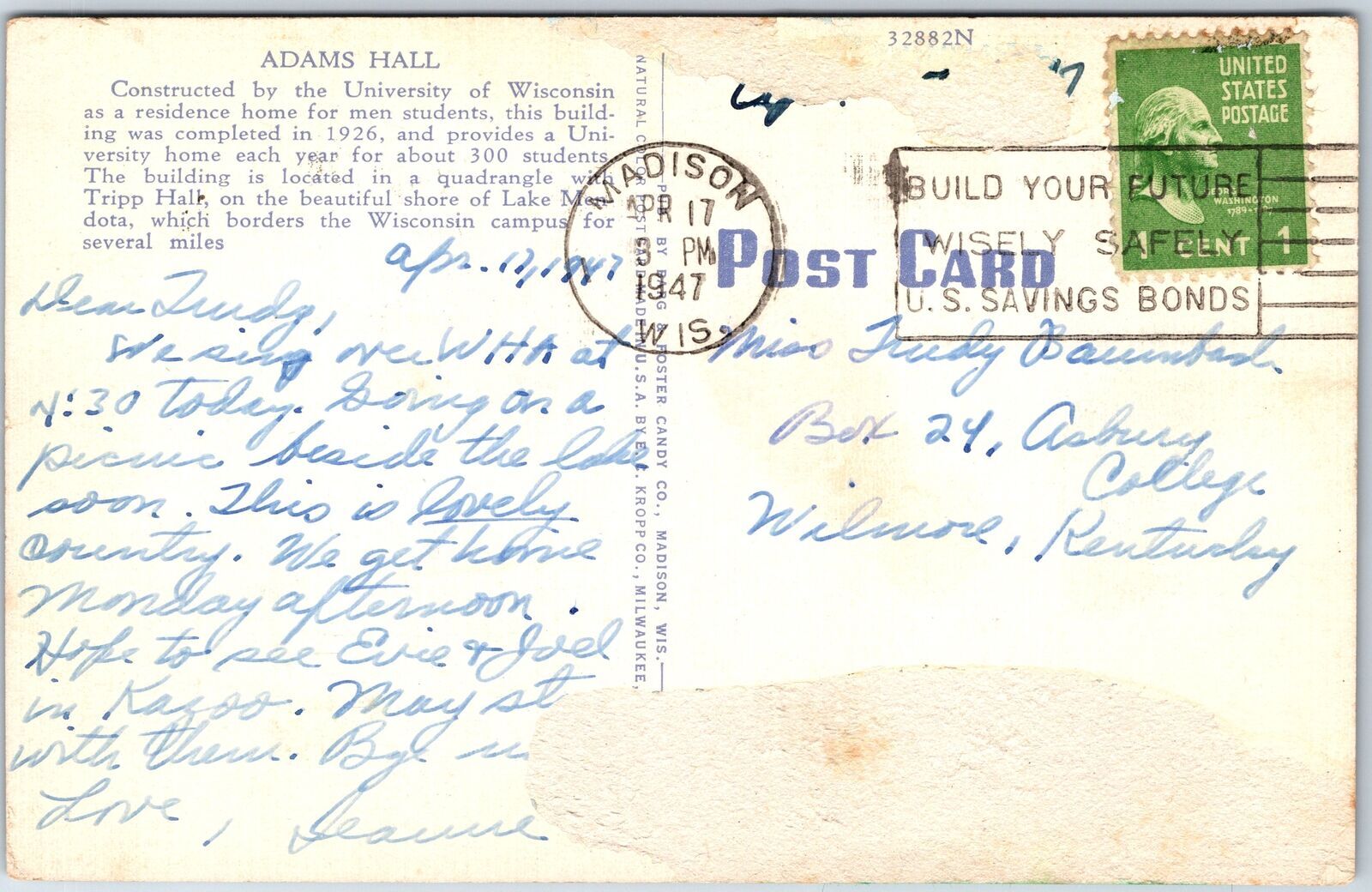 Vintage Postcard Adams Hall at the University of Wisconsin at Madison ...