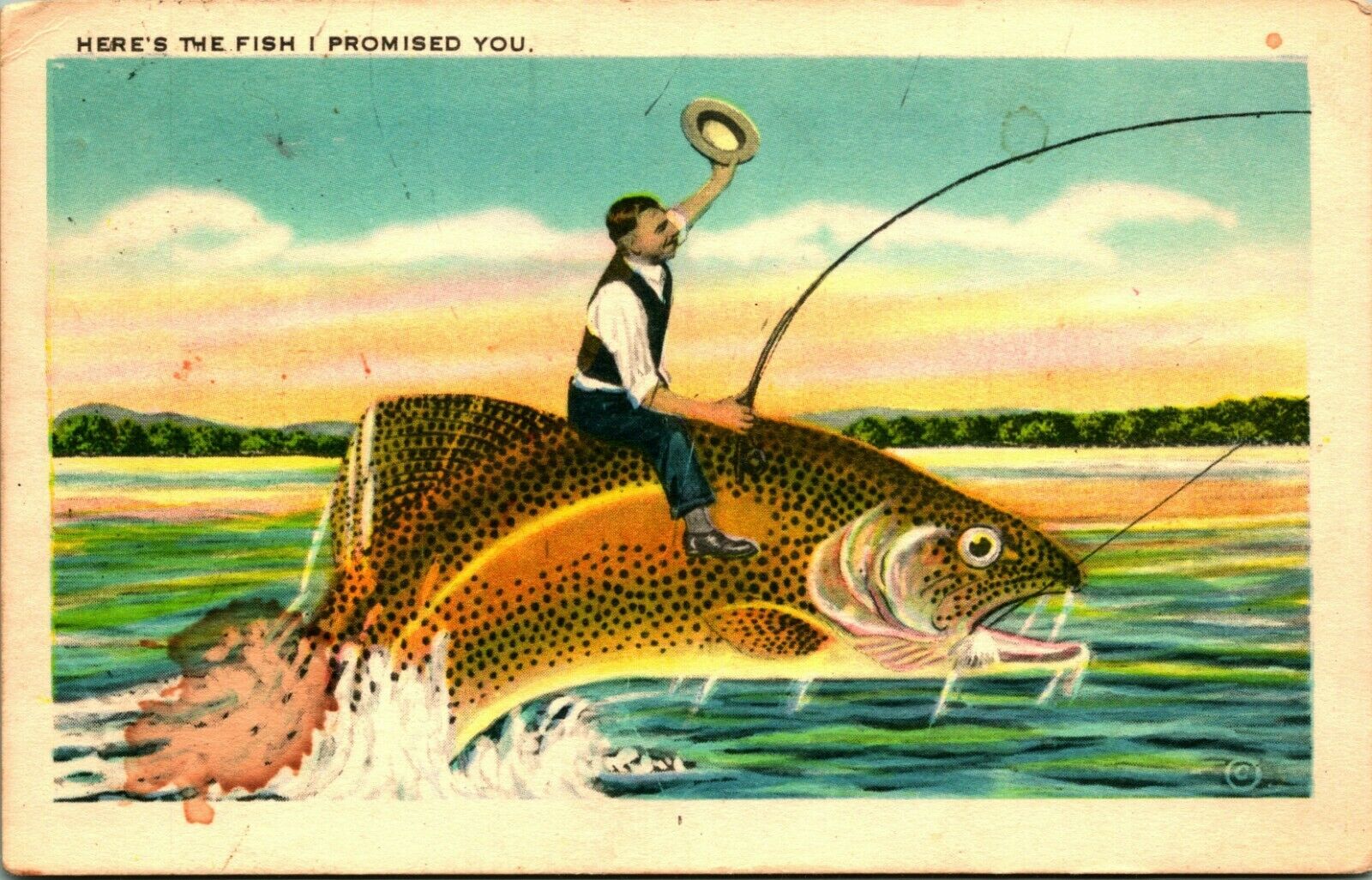 Comic Exaggeration Here's The Fish I Promised You Linen Postcard ...
