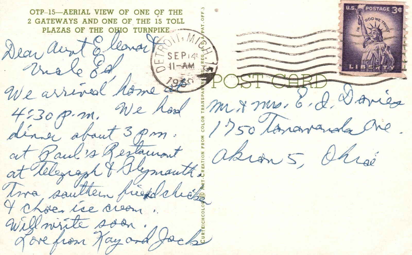 Vintage Postcard 1959 Greetings From The Gateways Toll Plaza Ohio ...